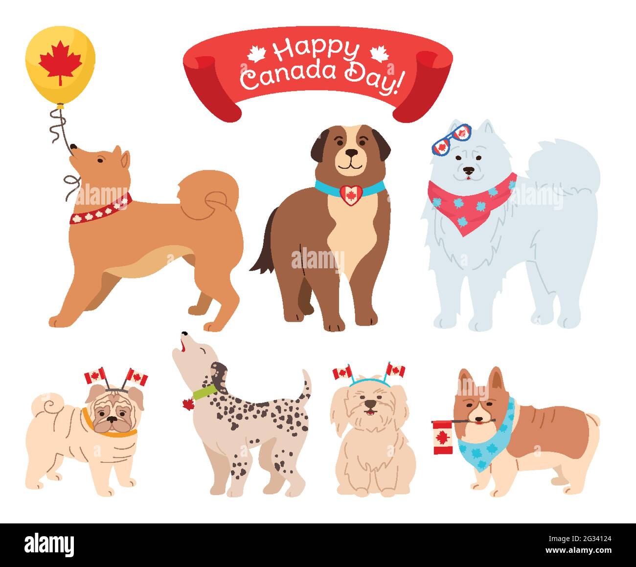 Dog character Canada Day cartoon set. Funny patriotic pet different ...