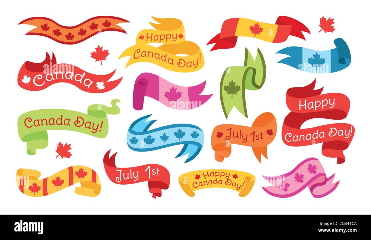 Happy Canada Day ribbon flat colored set. Canadian bright flag tape ...