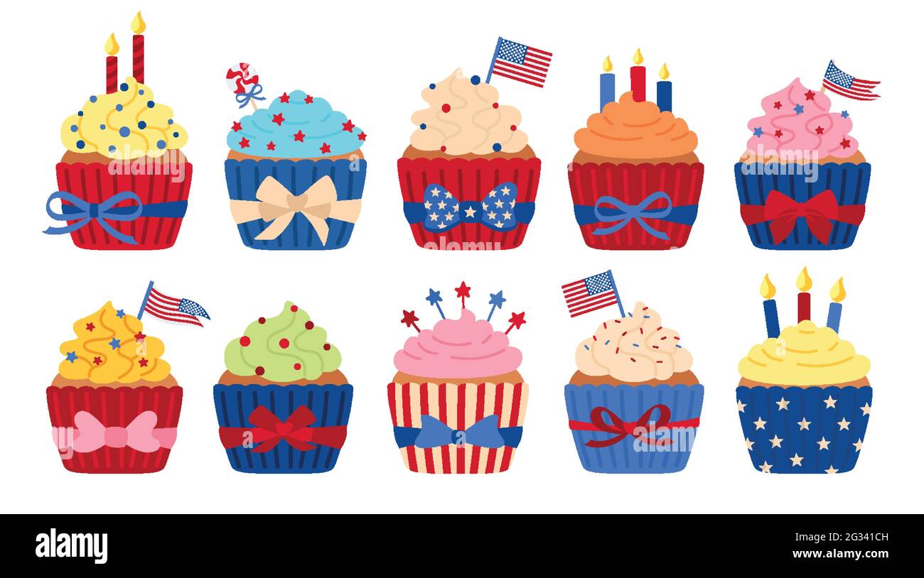 Cupcake American Independence day colored flat set. USA sweets food ...