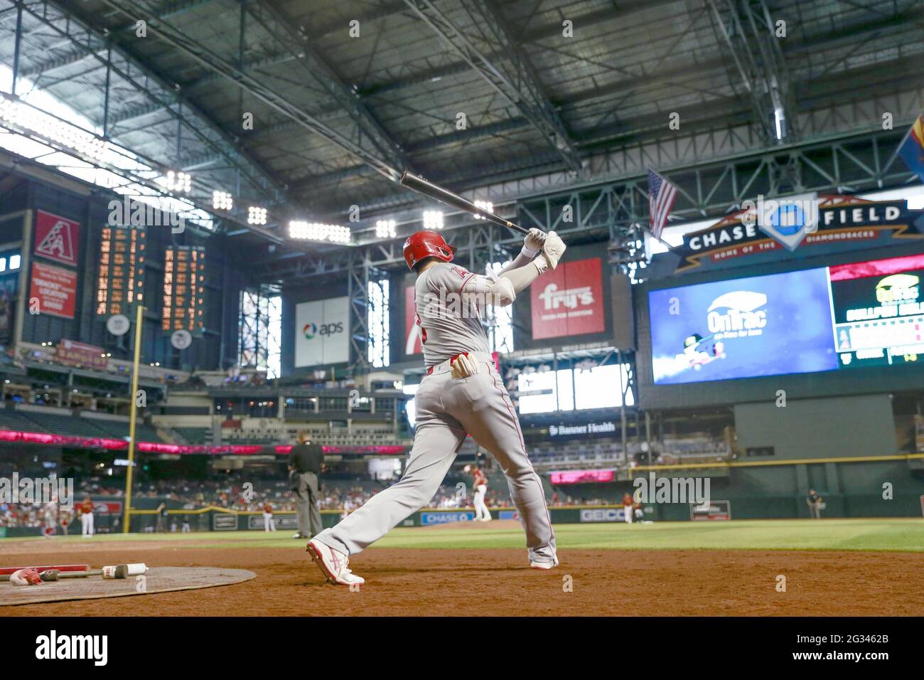 Shohei Ohtani of the Los Angeles Angels takes a practice swing before ...