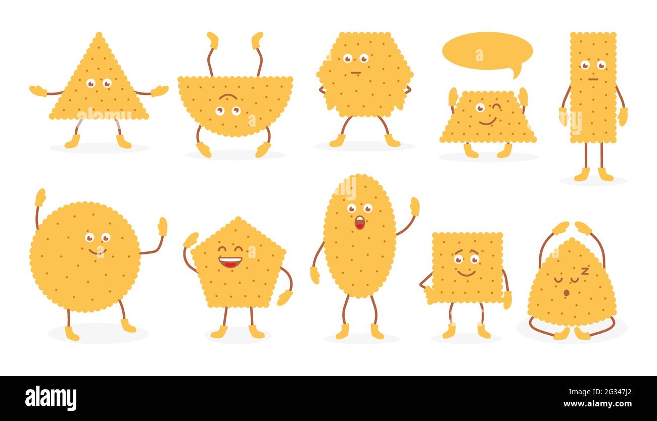 Cute funny emoji wheat biscuit icons set. Doodle breakfast snack ...