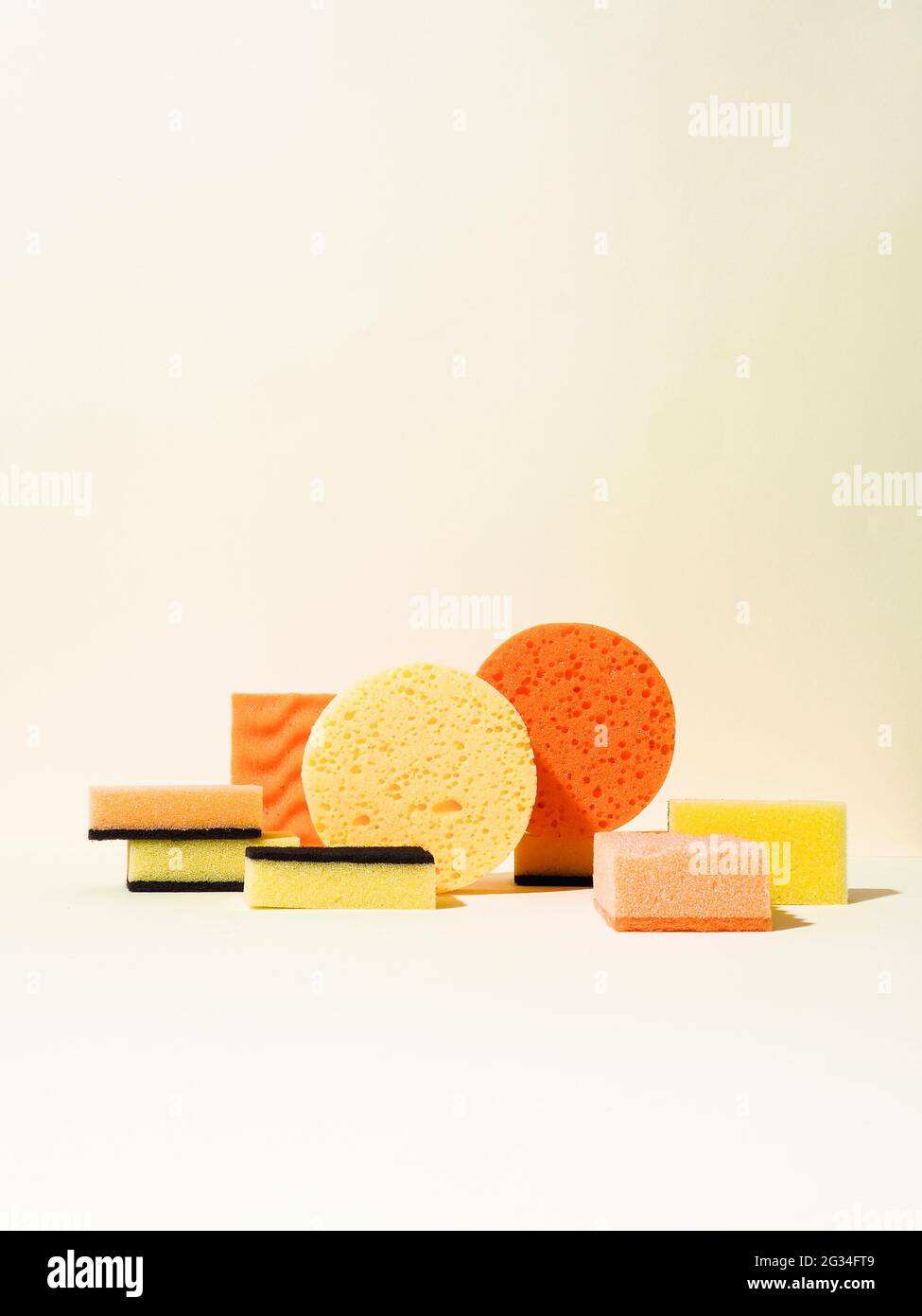 Geometric composition with foam rubber sponges. Vertical frontal photo ...