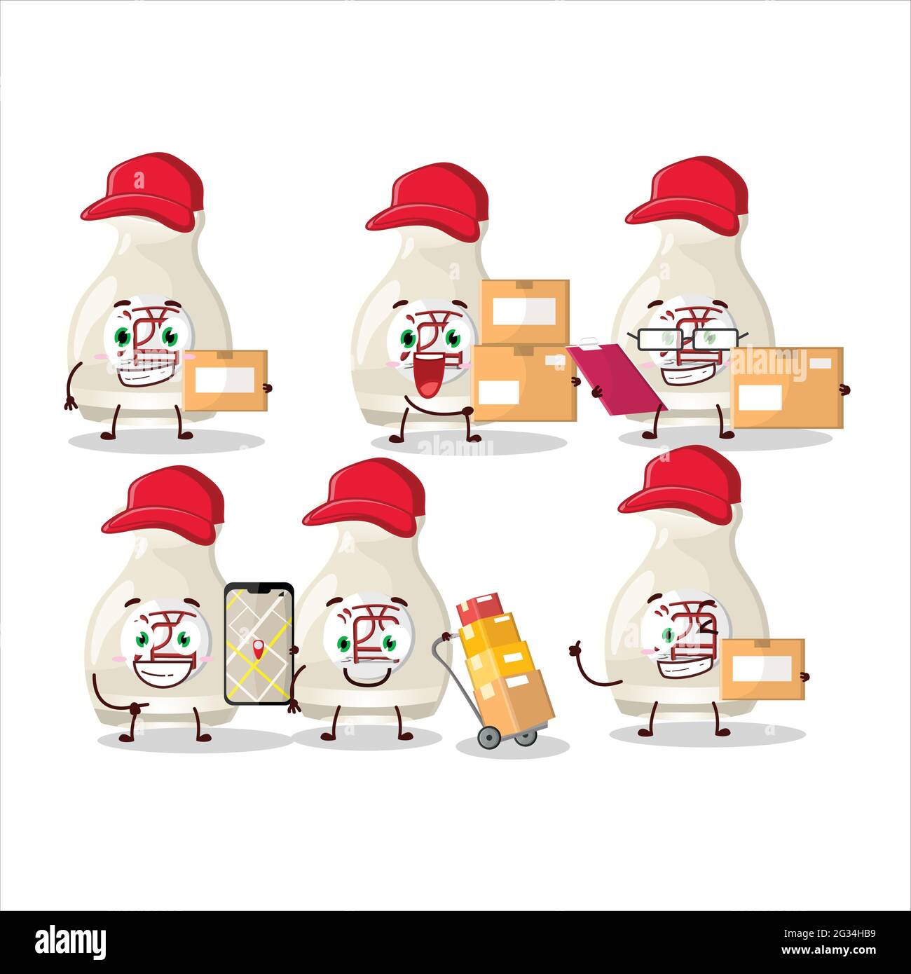 Cartoon character design of sake drink working as a courier. Vector ...