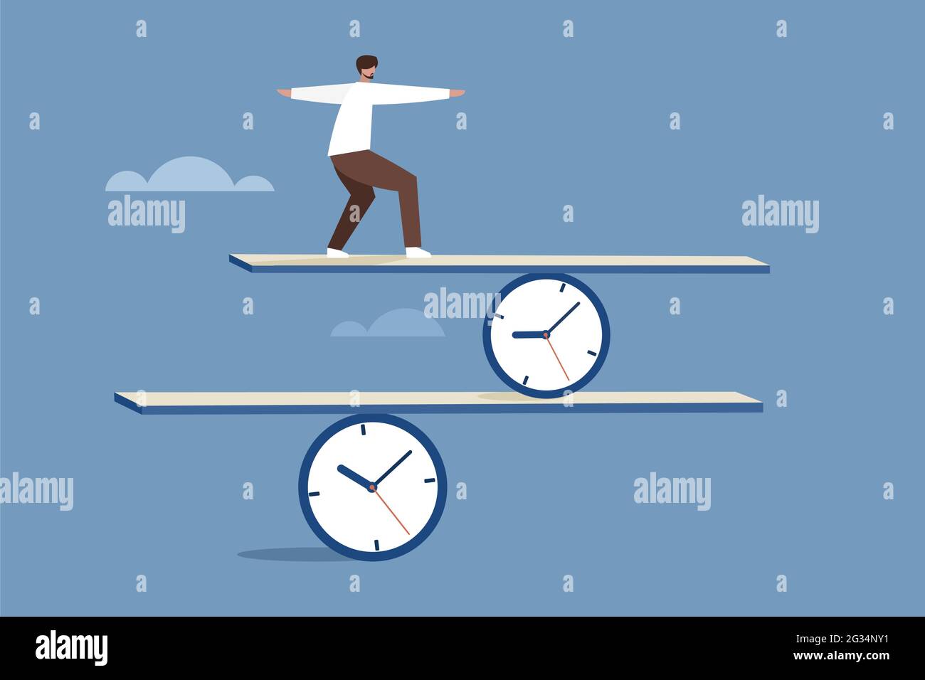 Conceptual illustration of a man balancing on clocks to represent ...