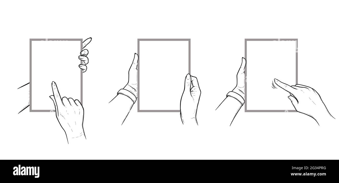 Hands holding tablet with touchscreen gestures. Set of vertical tablets ...