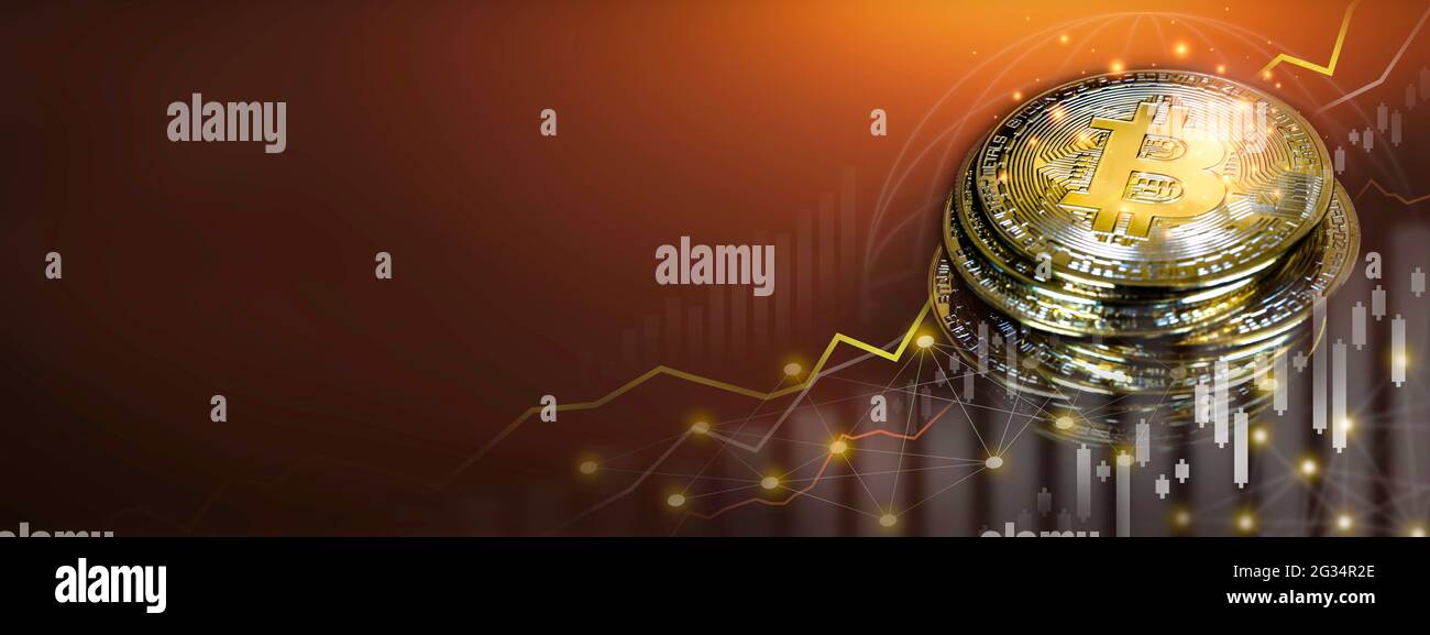 Bitcoin technology banner background. Golden bitcoin with trading chart ...