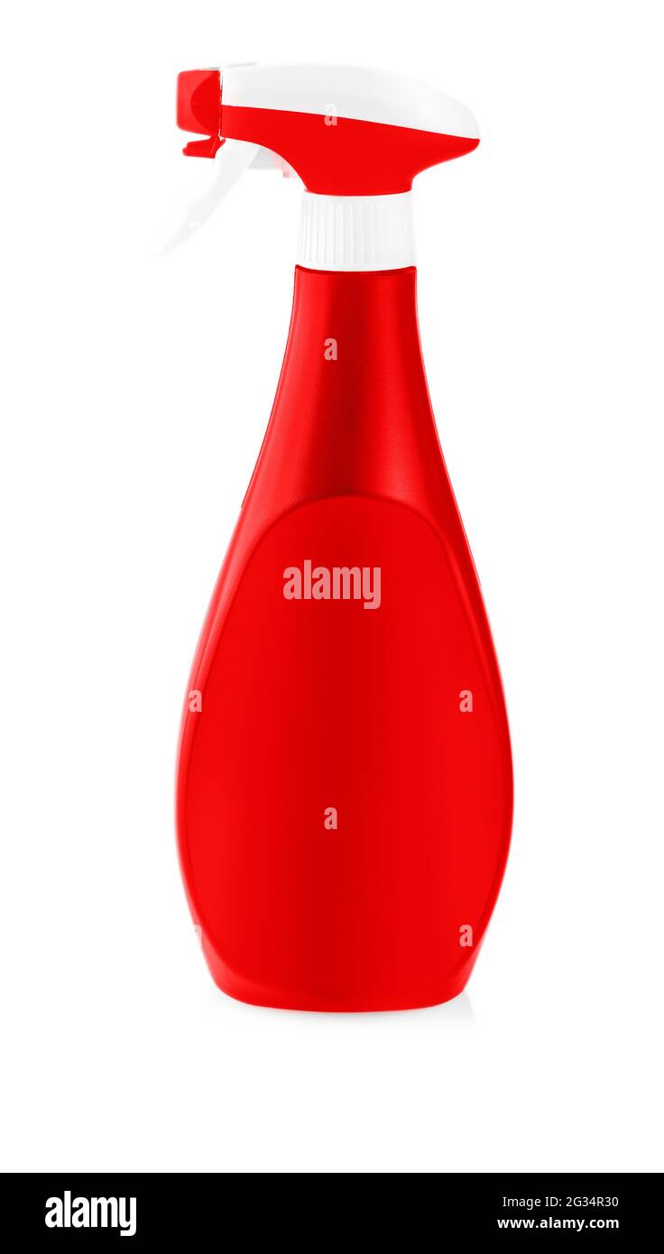 The red plastic bottles of cleaning products and flower. Isolated on ...