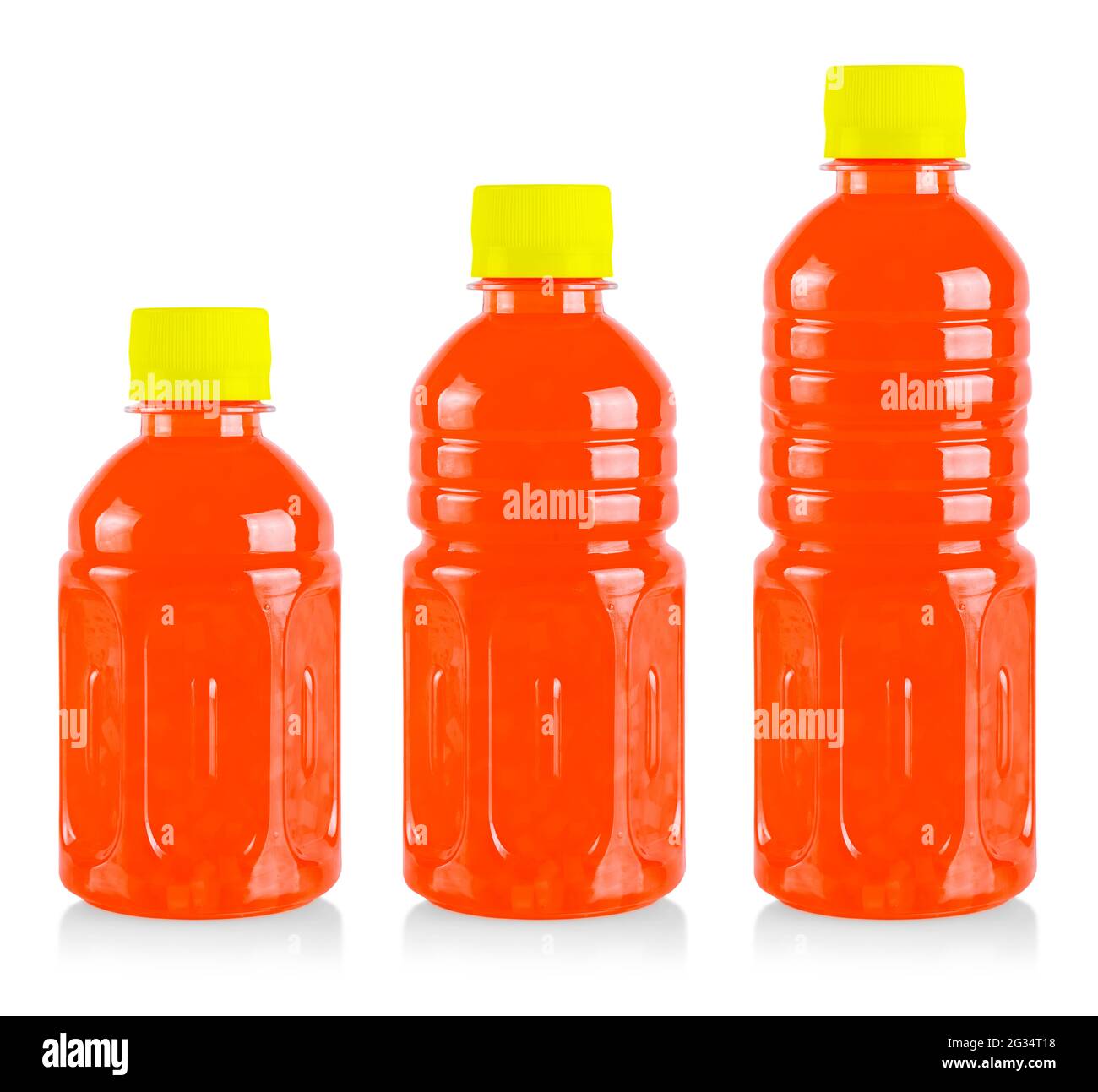 The red juice in a plastic container jug isolated on a white background ...