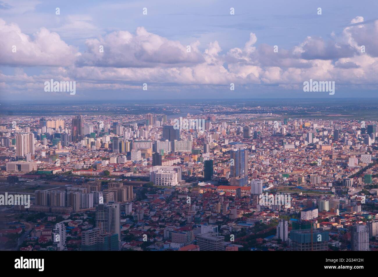 aerial view of the city center of Phnom Penh & the Tonle Bassac River ...