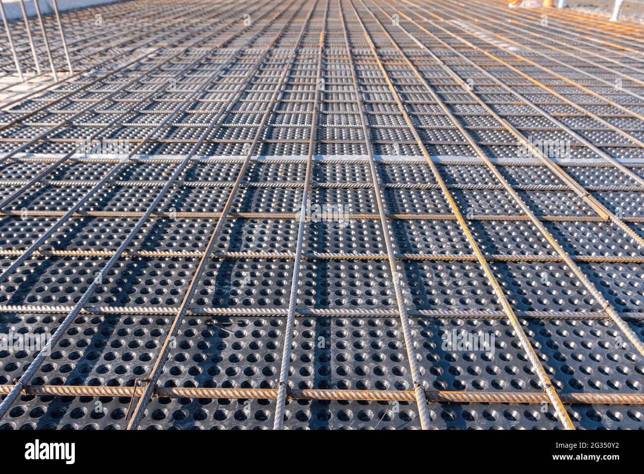 Close up view of reinforcement of concrete. Geometric alignment of ...
