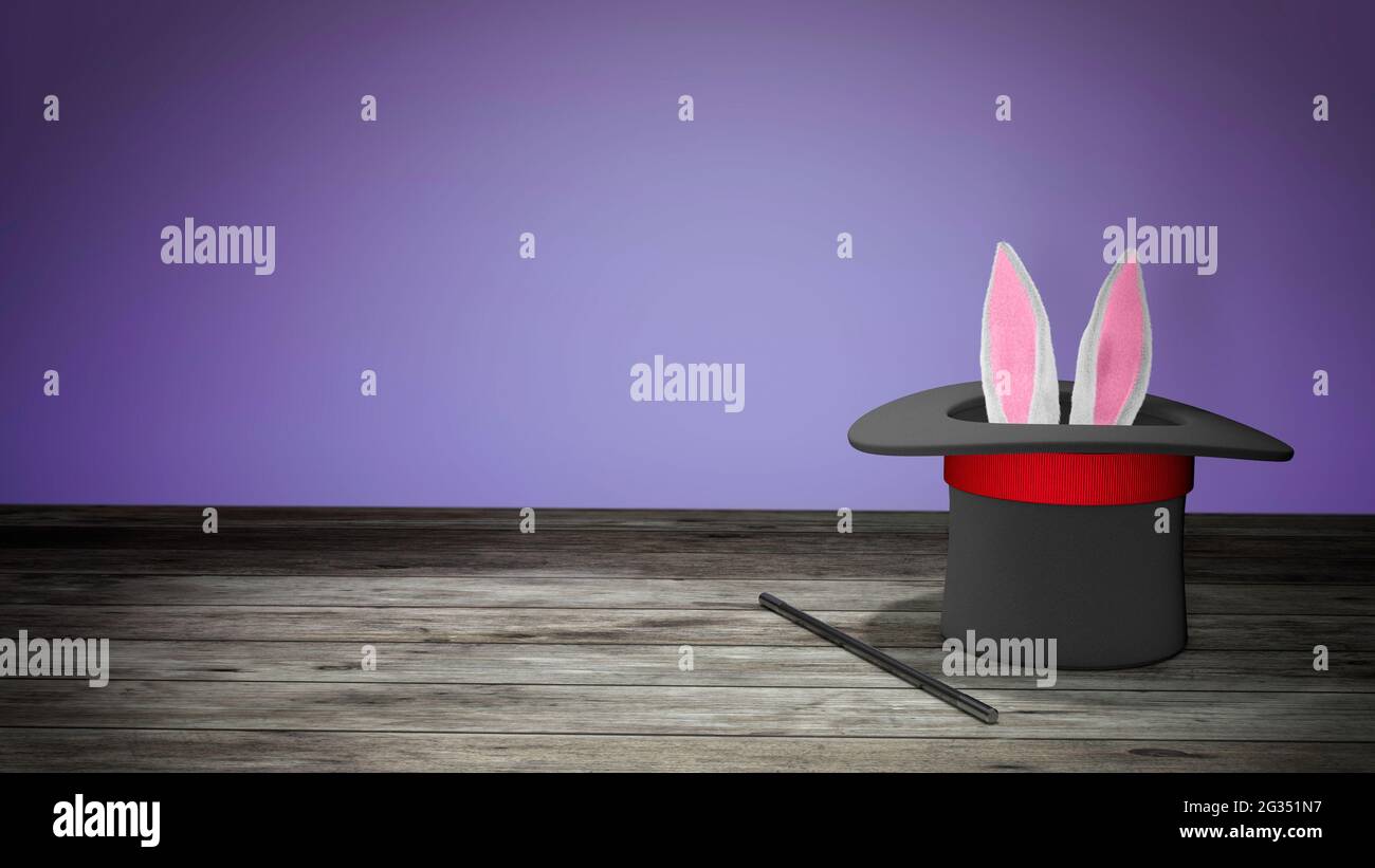 Magician hat. Rabbit ears stick out with a black top hat with a red ...