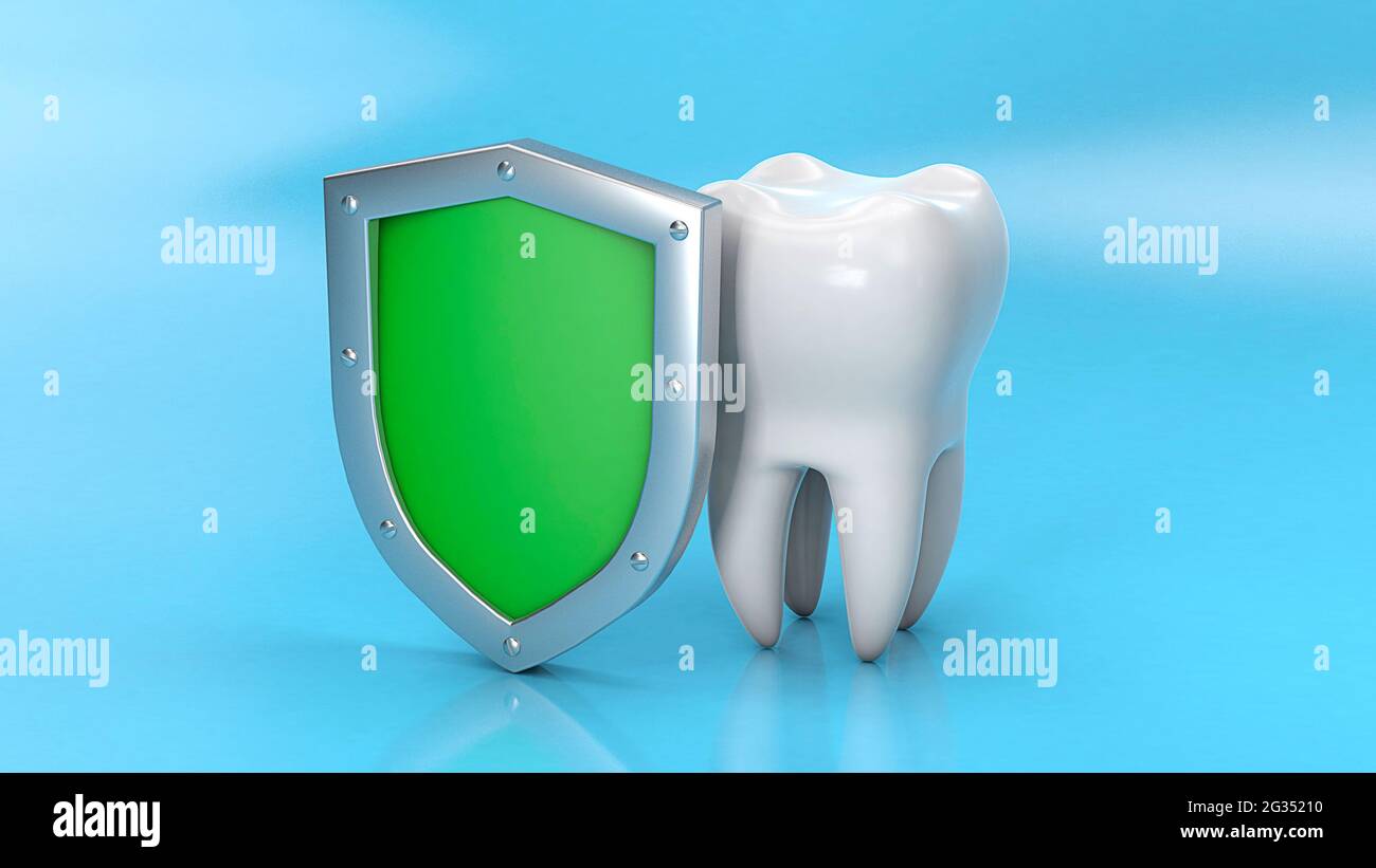 Tooth and shield. Teeth protection. 3d render Stock Photo - Alamy