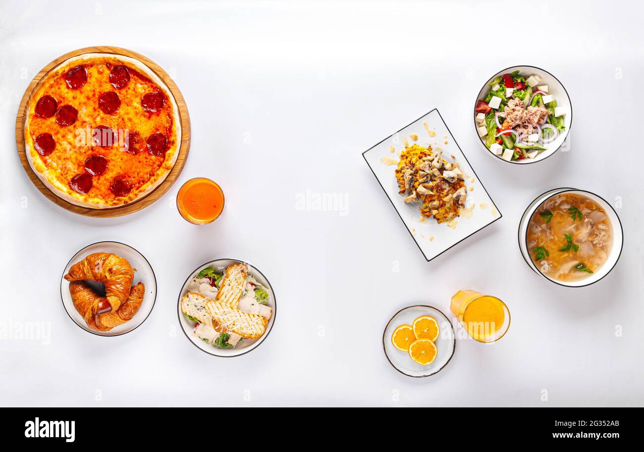 European meal set with pizza salads and soup Stock Photo - Alamy