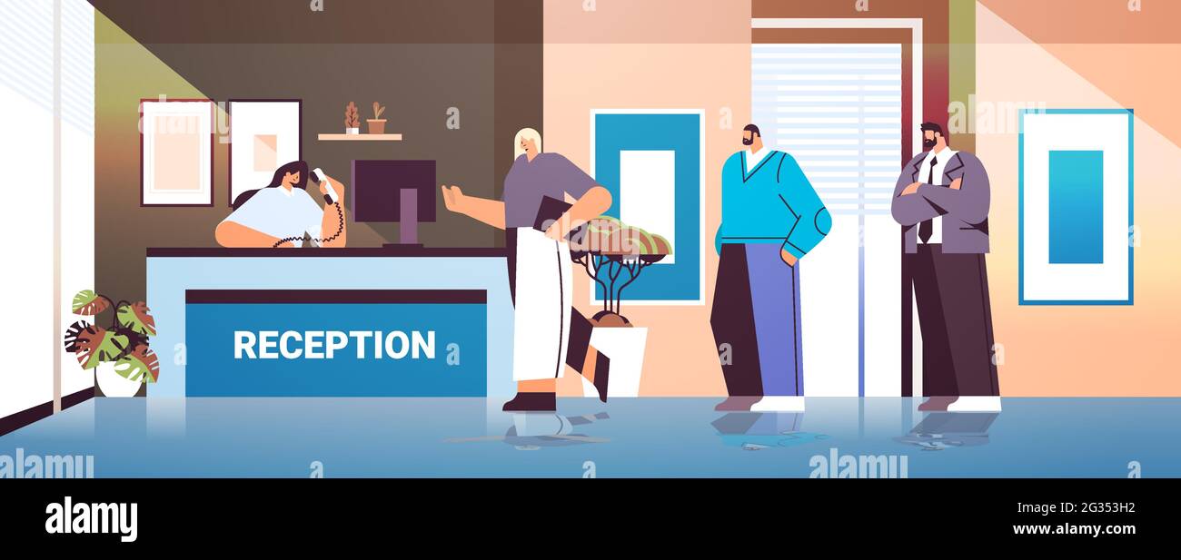 business people customers or travelers standing at reception desk and ...