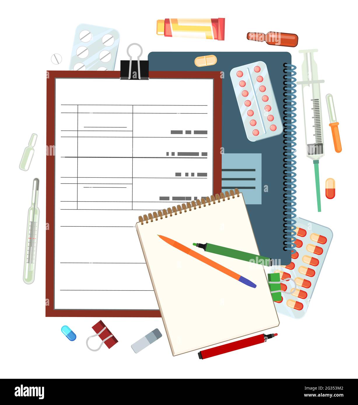 Medical prescription. Medicines. Illustration with pills syringe ...