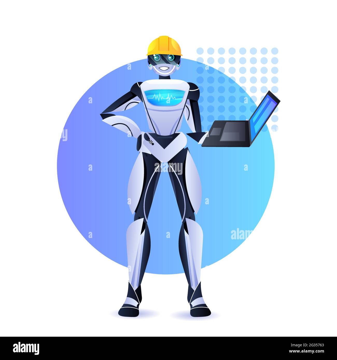 robot engineer in helmet using laptop modern robotic character ...