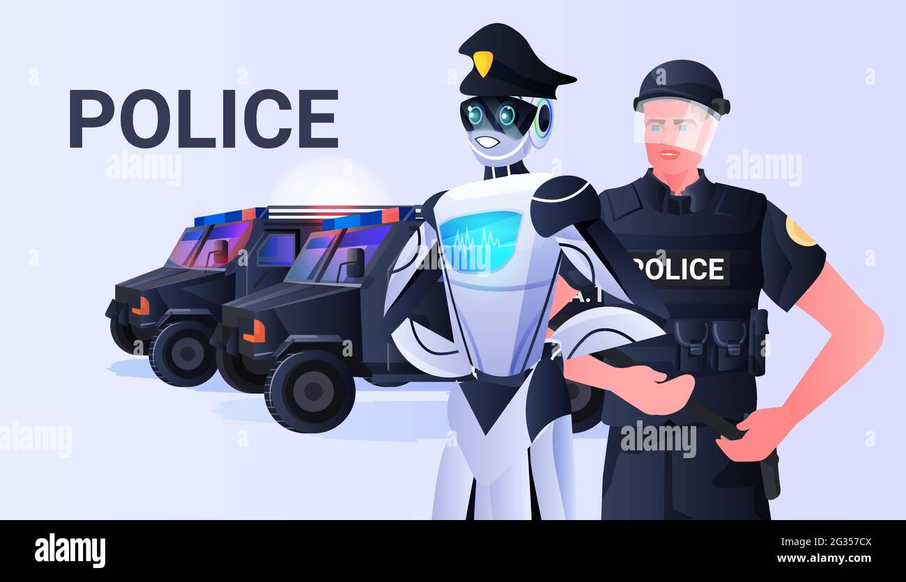 robot cop with patrol man riot police in uniform standing together ...