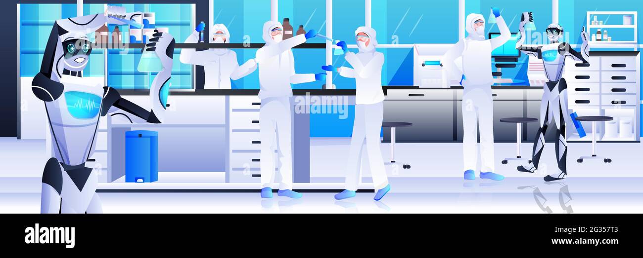 robots with scientists in protective suit making experiments in lab ...