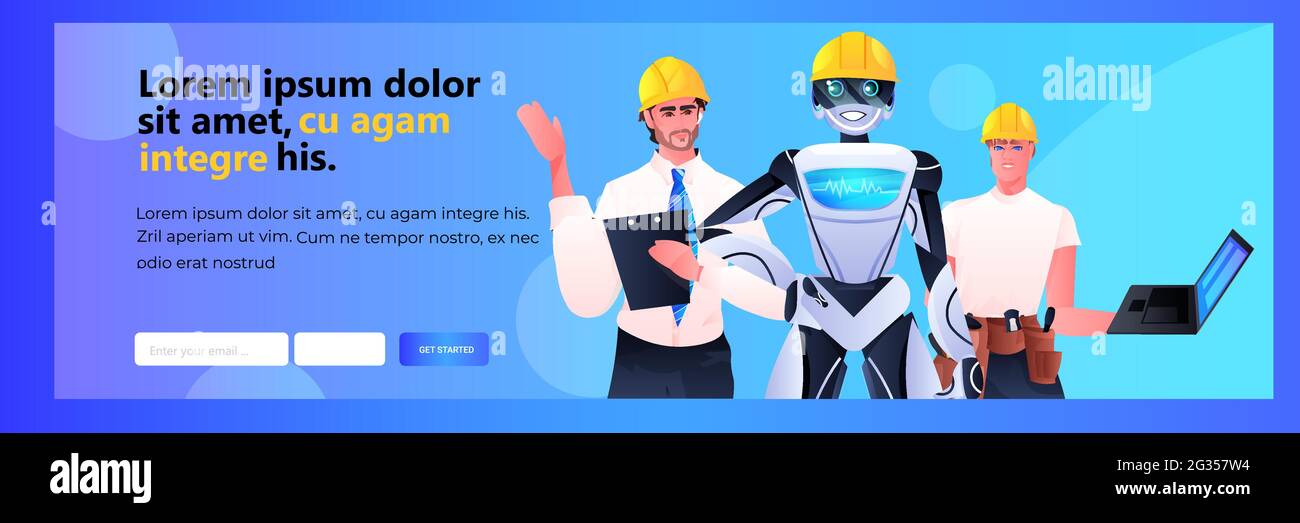 robot and workmen engineers in hardhats standing together construction ...