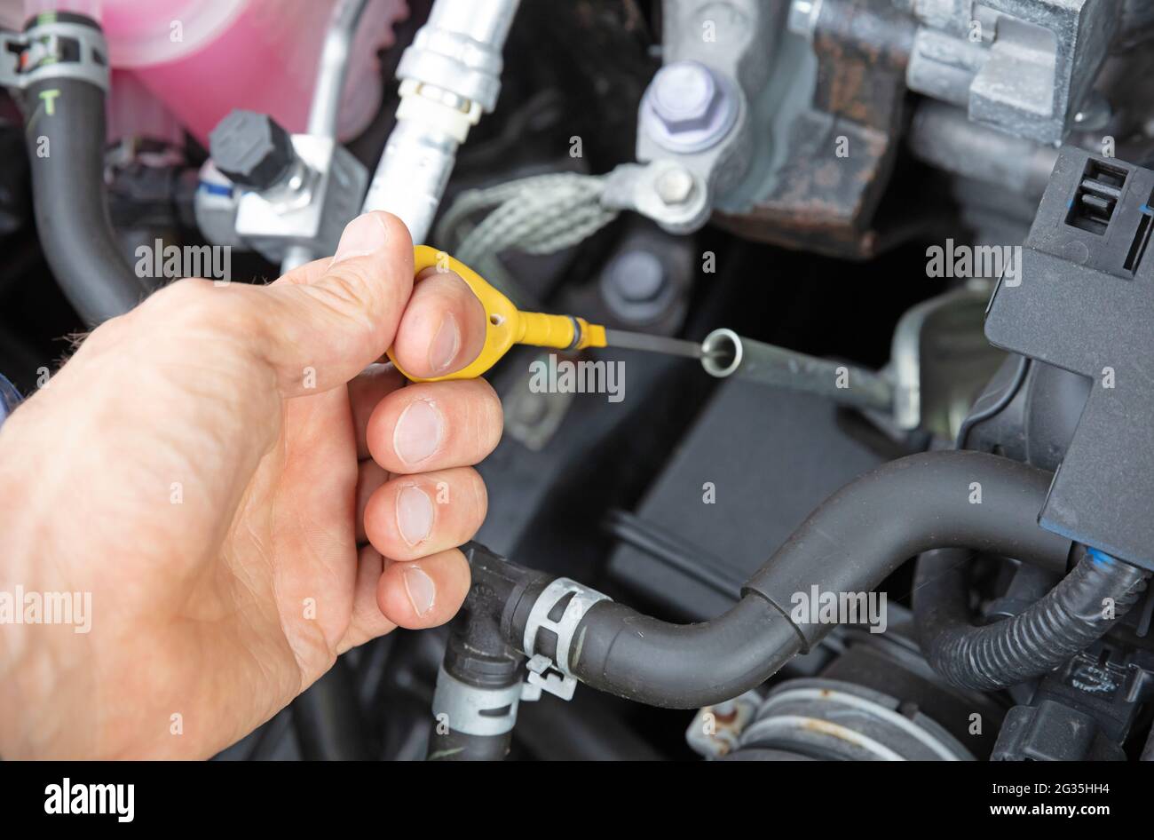 Detail of a car engine, checking oil level Stock Photo - Alamy
