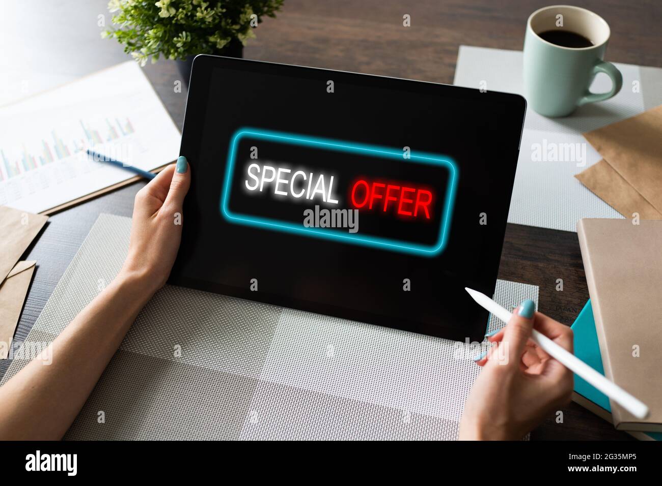 Special offer message on device screen. Sales and marketing, promotion ...