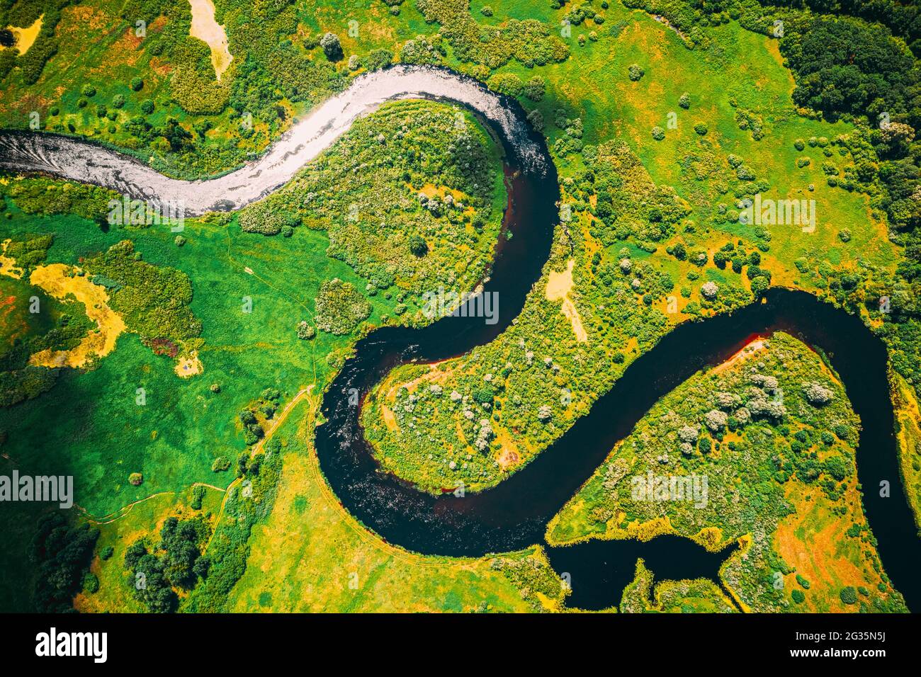 Aerial View Green Forest Woods And River Landscape In Sunny Spring ...