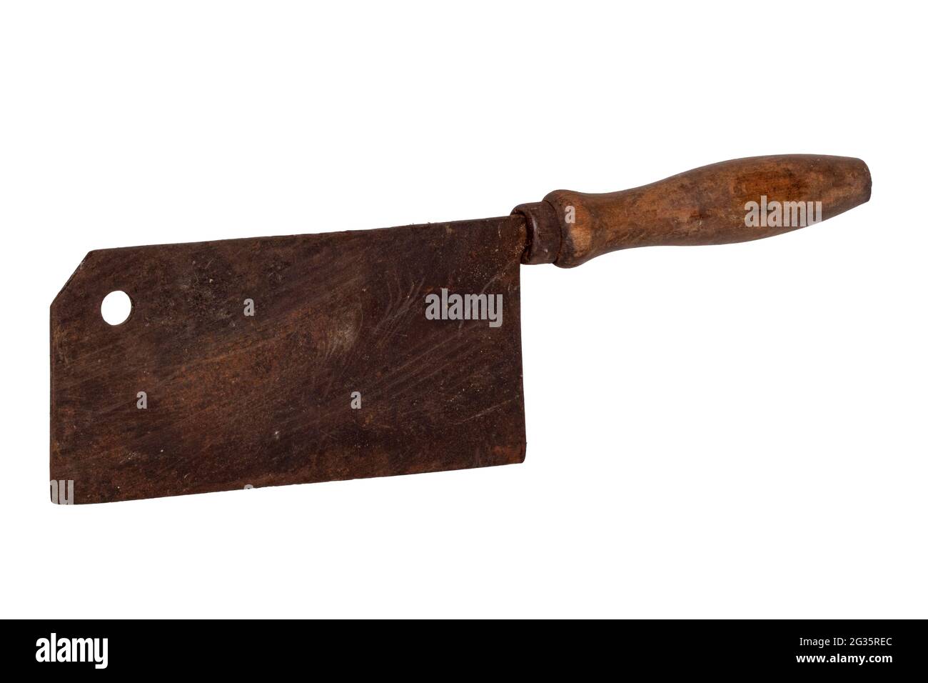 Macro of a rusty old butcher cleaver with wooden handle isolated on a ...