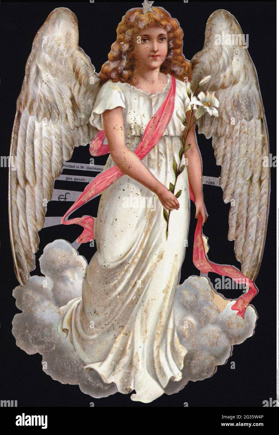 kitsch, glossy prints, angel with lily, chromolithograph, 20th century ...