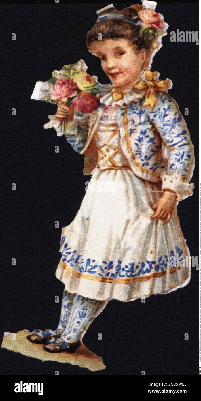 kitsch, glossy prints, girl with flowers, chromolithograph, 20th ...