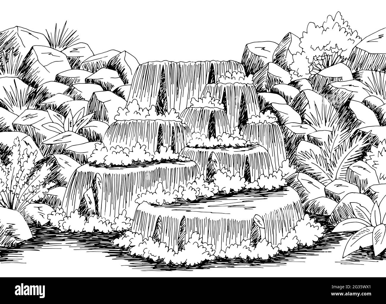 Waterfall graphic black white river landscape sketch illustration ...