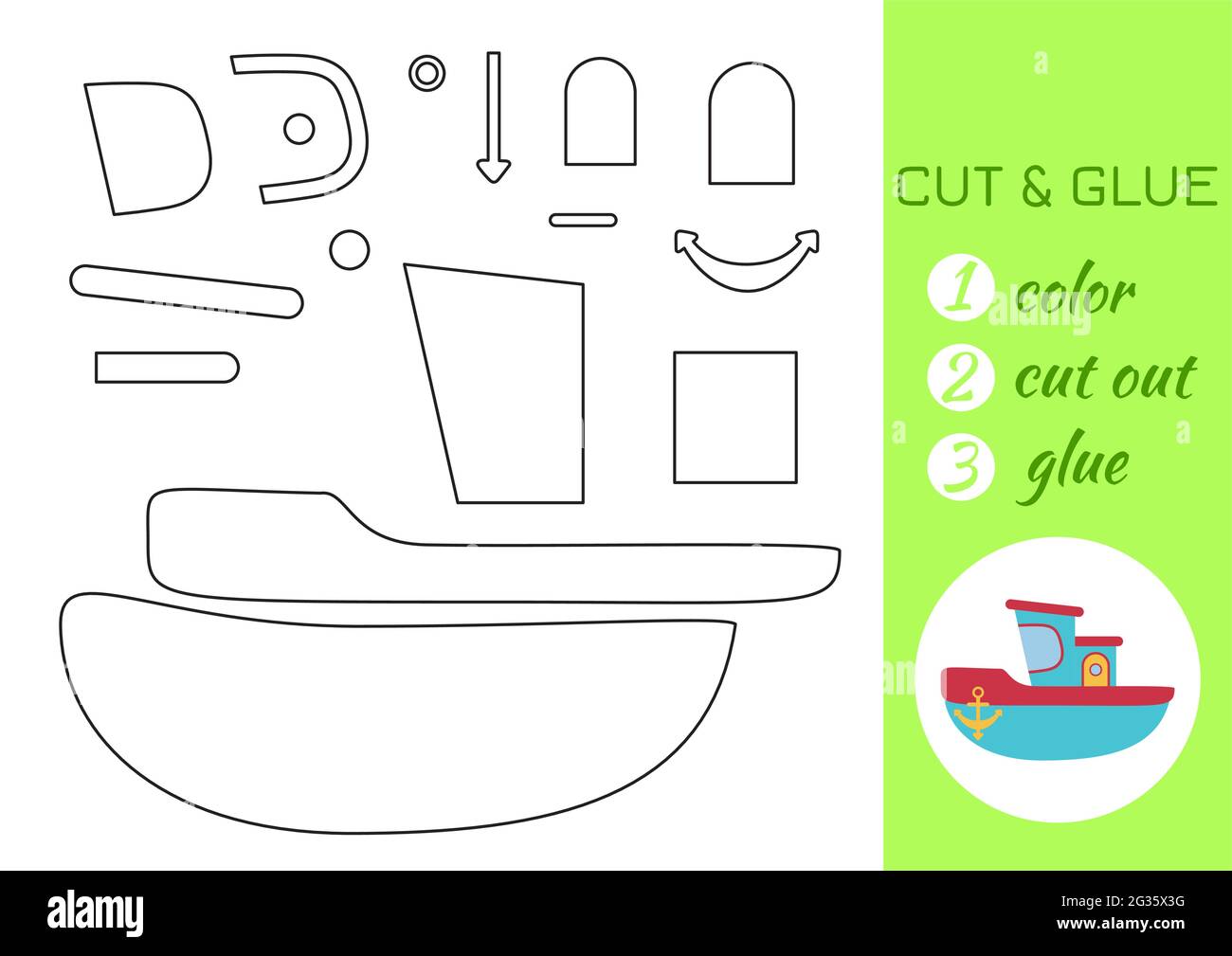 Color, cut and glue paper turquoise ship. Cut and paste craft activity ...