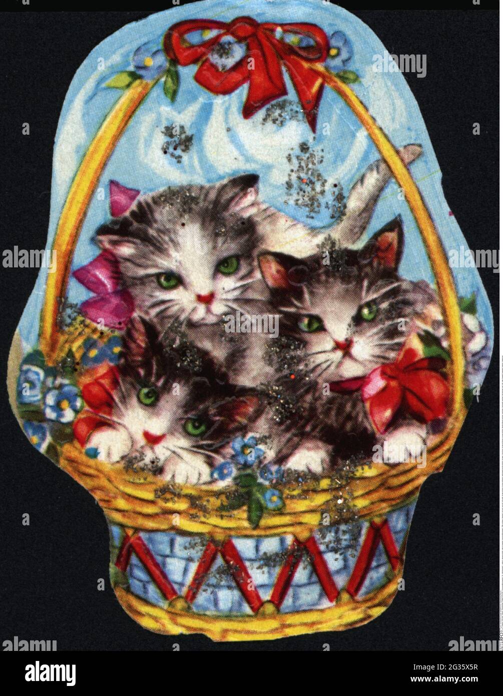 kitsch, glossy prints, cats in basket, chromolithograph, 20th century ...