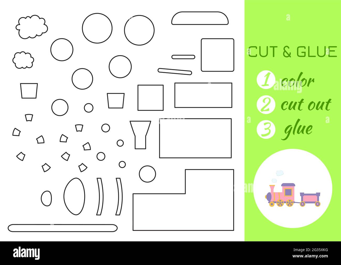 Color, cut and glue paper pink train. Cut and paste craft activity page ...