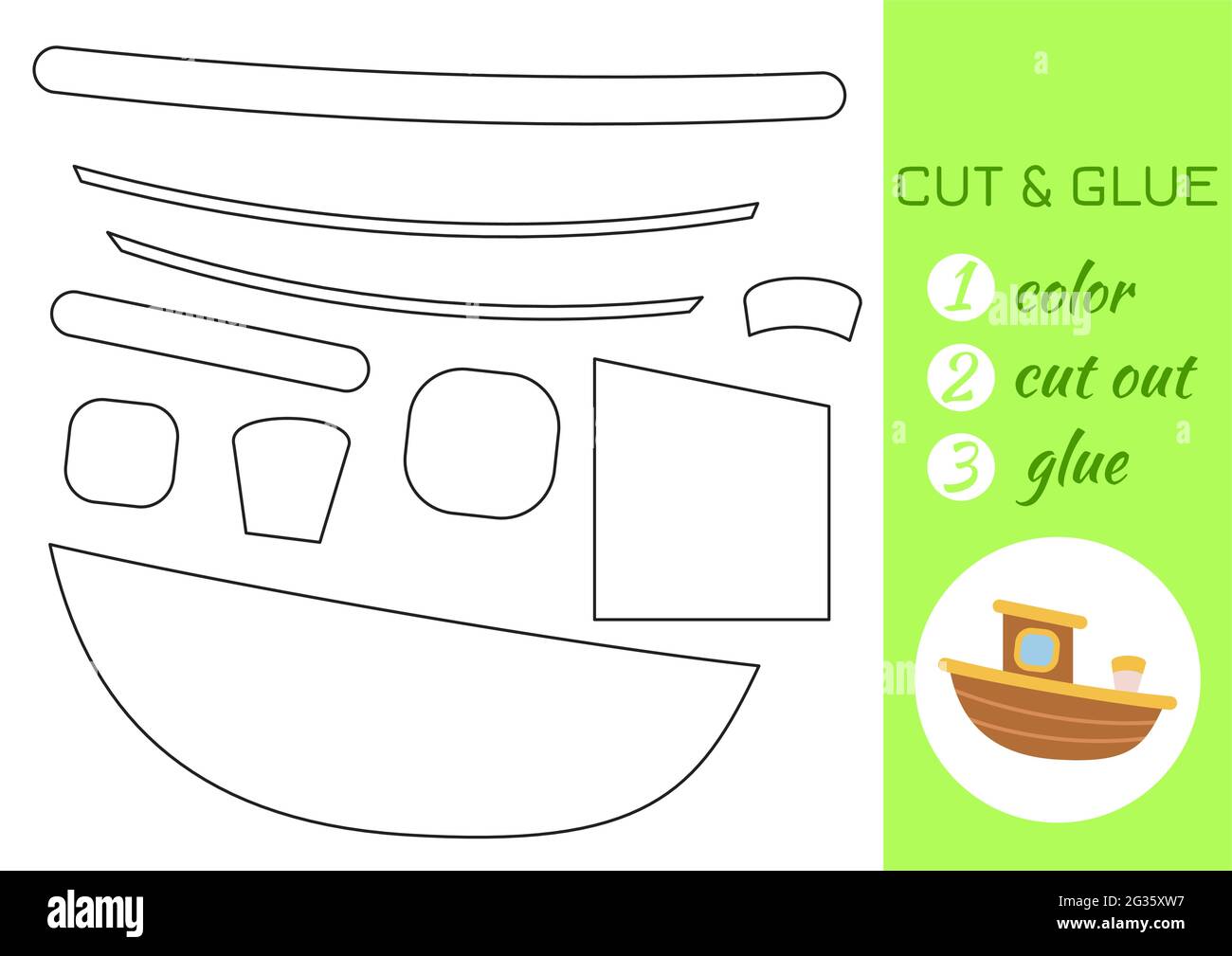 Color, cut and glue paper brown ship. Cut and paste craft activity page ...