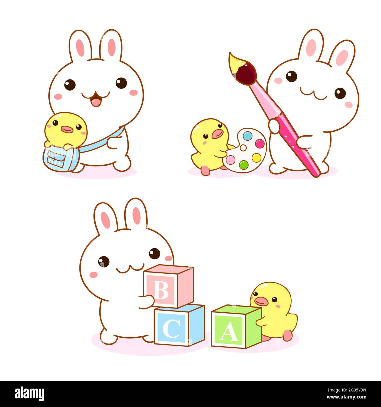 Back to school. Set of kawaii bunny and duckling. Cute little duck and ...