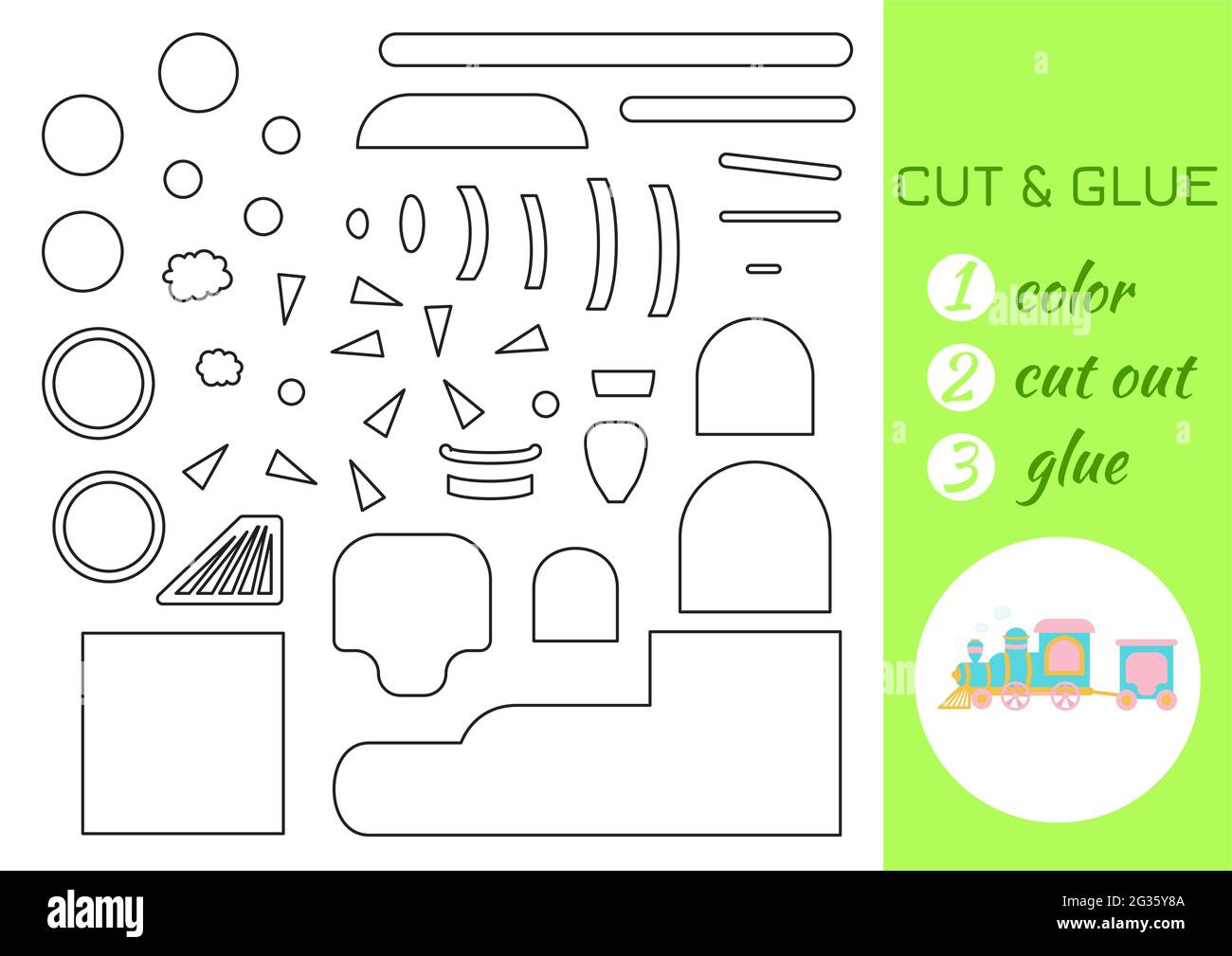 Color, cut and glue paper turquoise train. Cut and paste craft activity ...