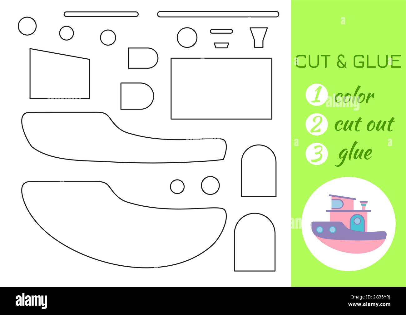 Color, cut and glue paper pink ship. Cut and paste craft activity page ...