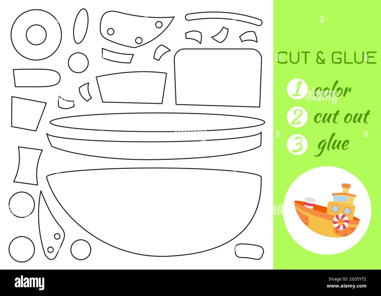 Color, cut and glue paper yellow ship. Cut and paste craft activity ...