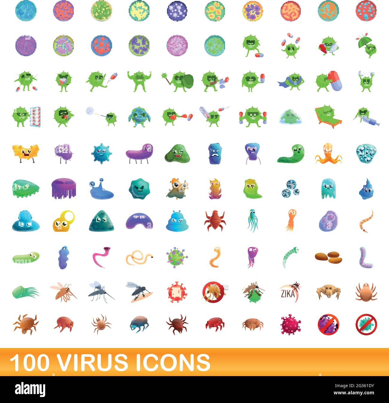 100 virus icons set. Cartoon illustration of 100 virus icons vector set ...