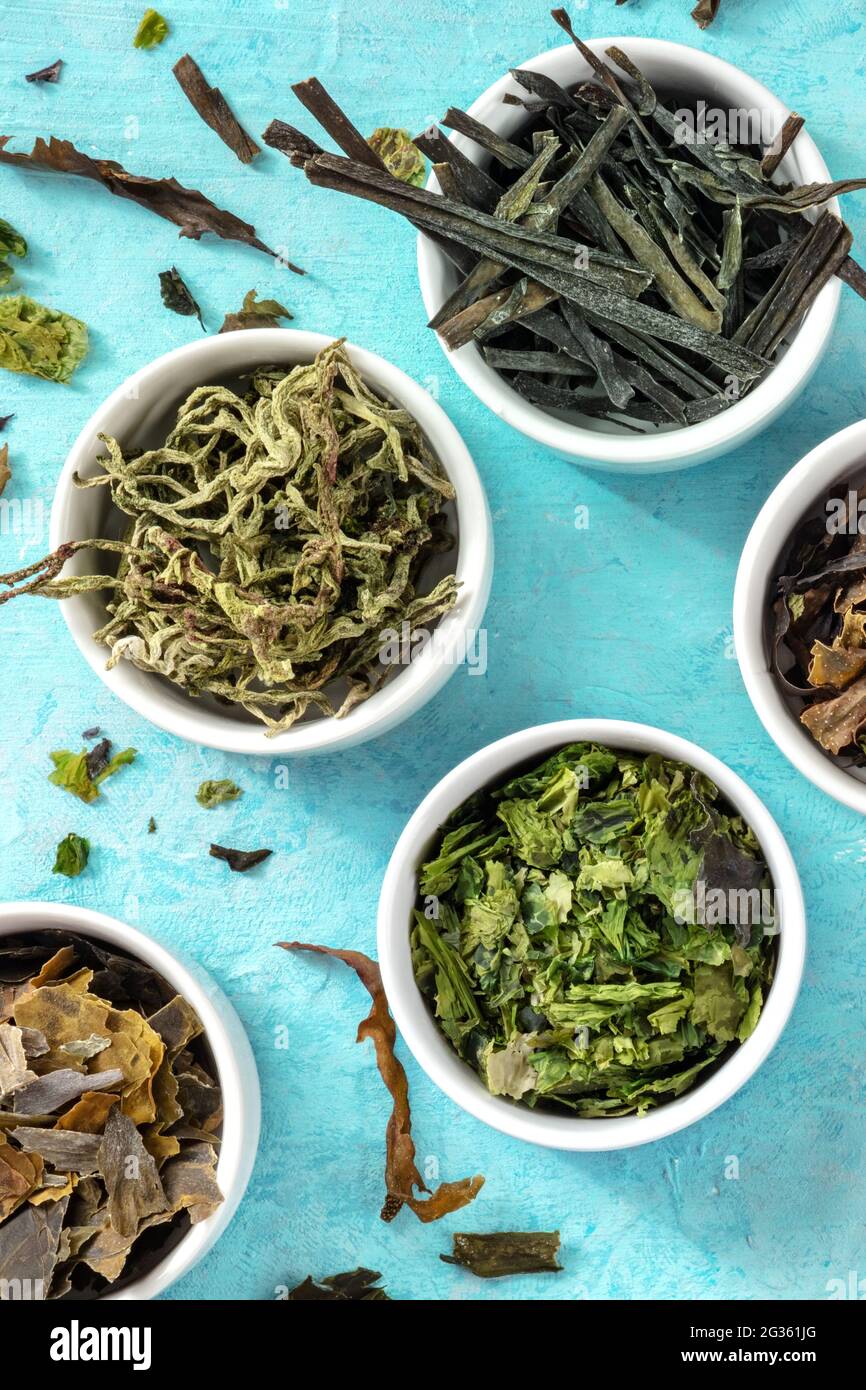 Edible algae, top shot on a blue background, healthy vegan food Stock ...