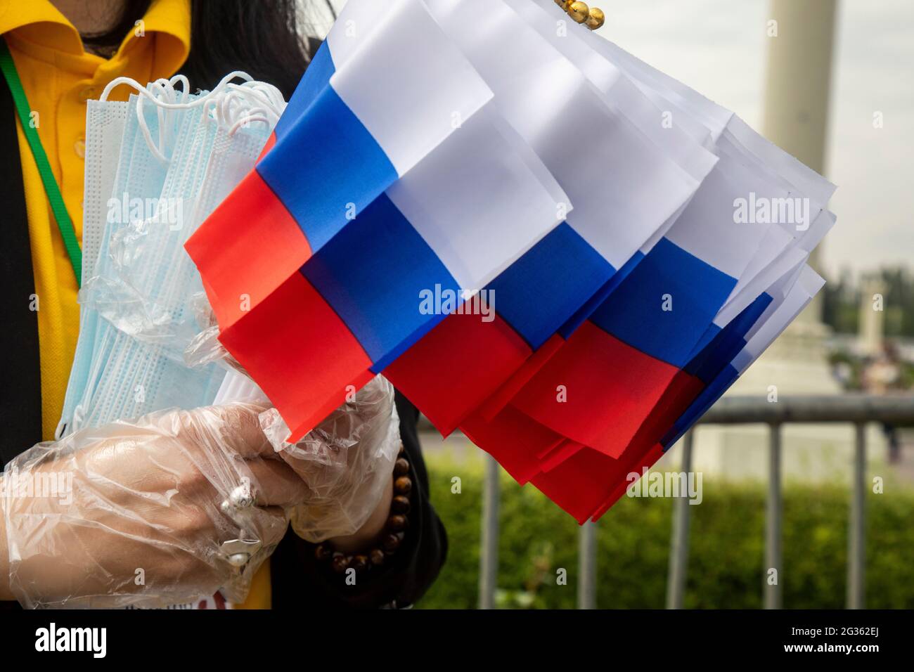Moscow, Russia. 12th of June, 2021 Volunteers hand out protective face ...