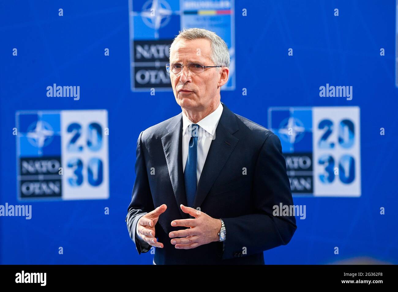 NATO Secretary General Jens Stoltenberg pictured at a doorstep moment ...