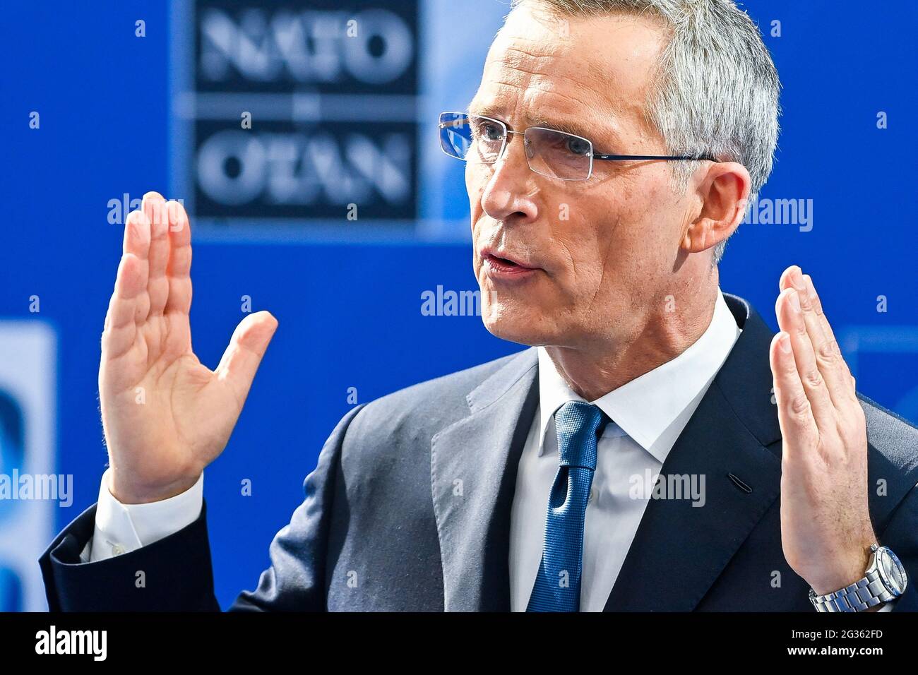 NATO Secretary General Jens Stoltenberg pictured at a doorstep moment ...