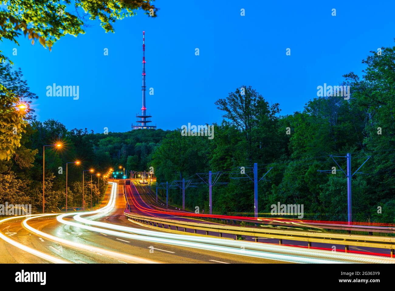 Germany, Stuttgart city skyline and highway with traffic of cars by ...