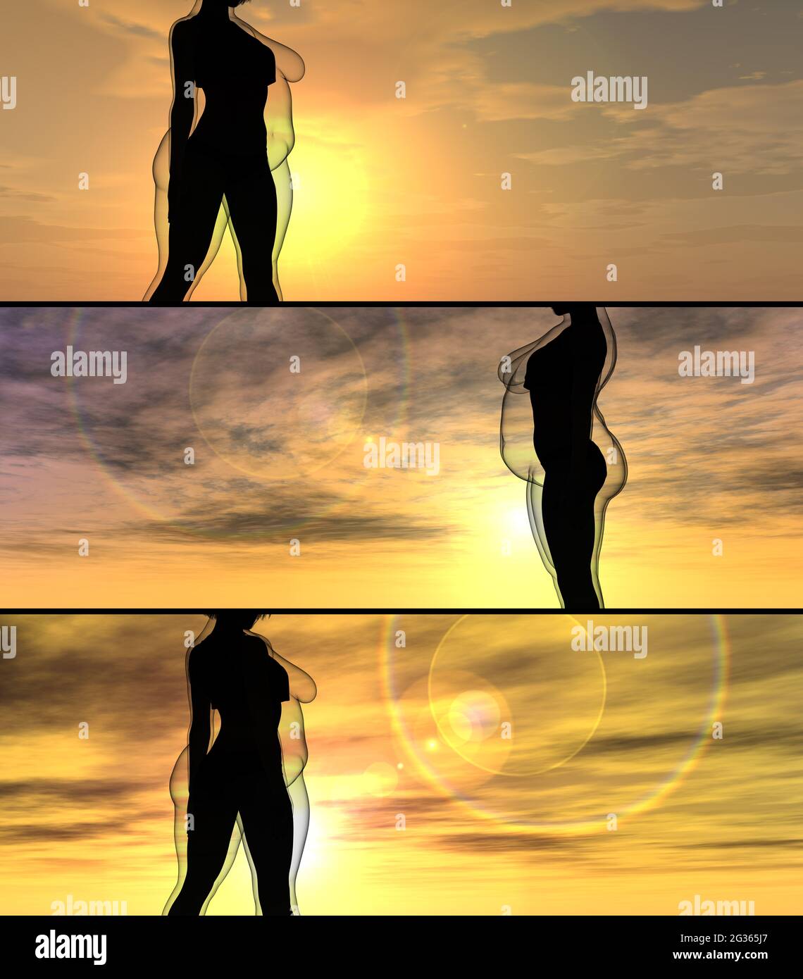 Conceptual fat overweight obese female vs slim fit healthy body after ...