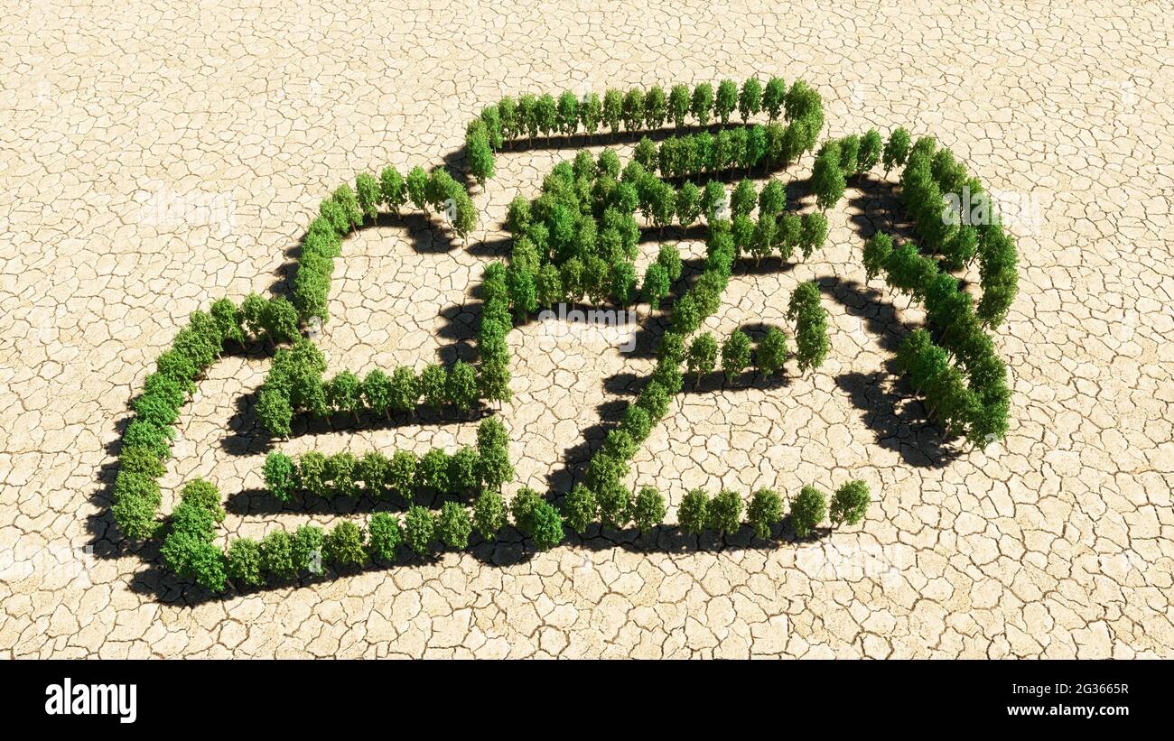 Concept or conceptual group of green forest tree on dry ground ...