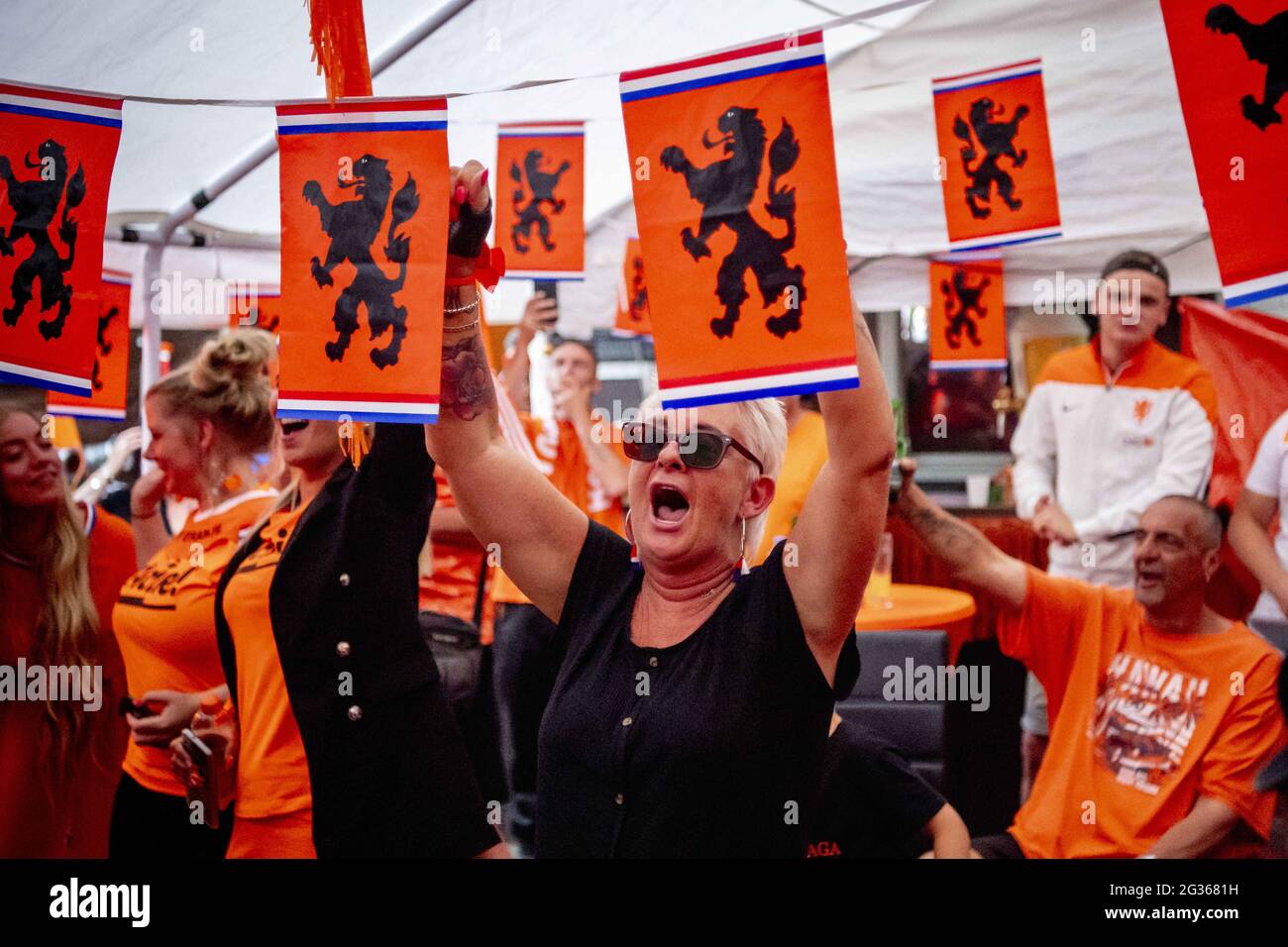 Dutch soccer fans cheering at the 1-0. Residents of the decorated ...