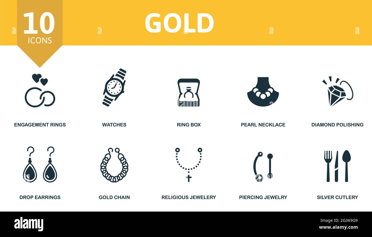 Gold icon set. Contains editable icons jewelery theme such as ...