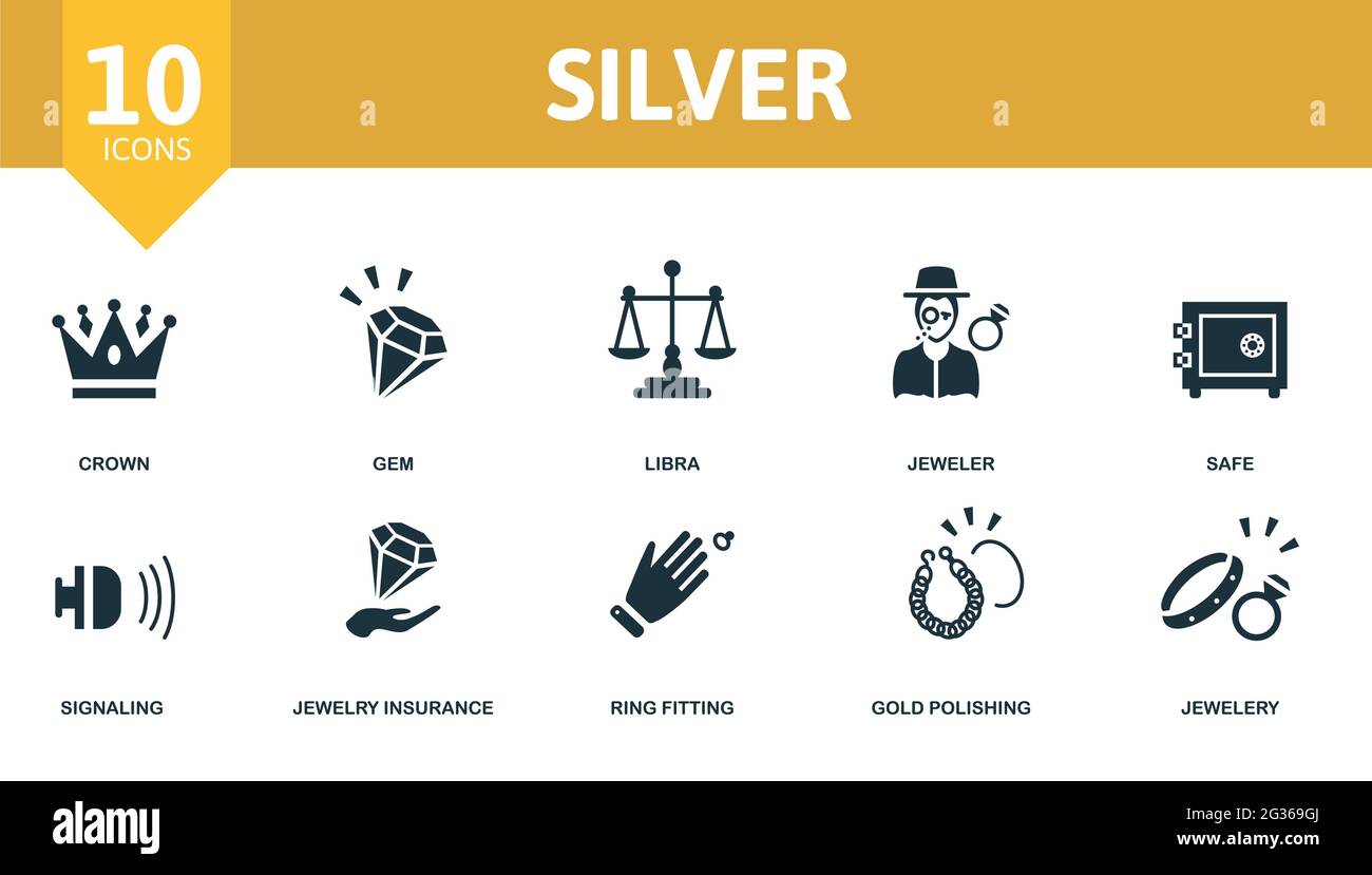 Silver icon set. Contains editable icons jewelery theme such as crown ...