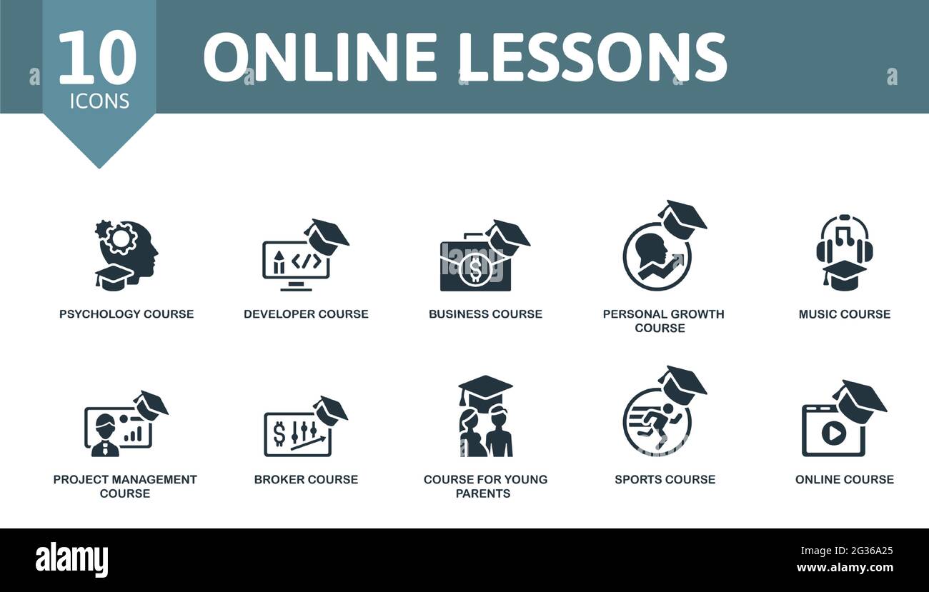 Online Lessons icon set. Contains editable icons online course theme ...